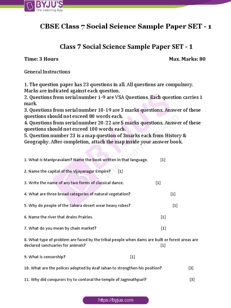 Class 7 Social Science Sample Paper 1 | PDF