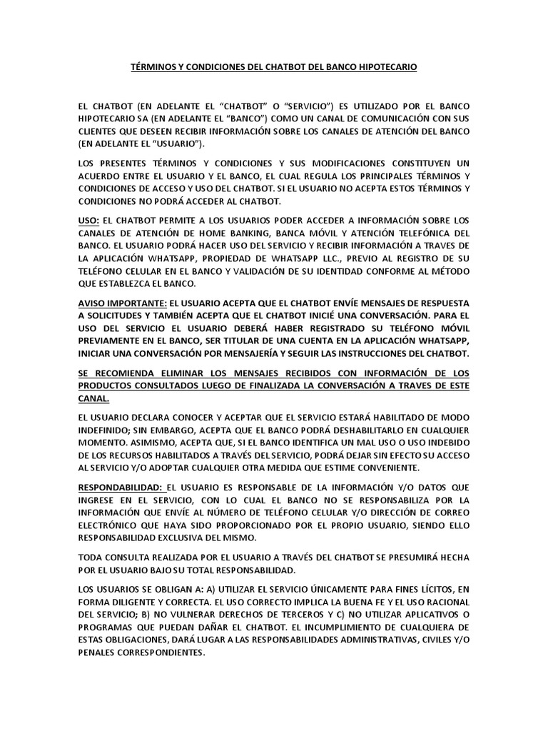 Terminos y Condiciones Del Chatbot Del Banco Hipotecario 1 PDF | PDF | Privacidad de la ...