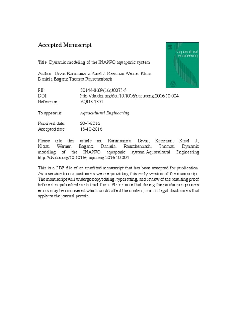 Dynamic Modelling of The INAPRO Aquaponic System, Karimanzira Et Al ...