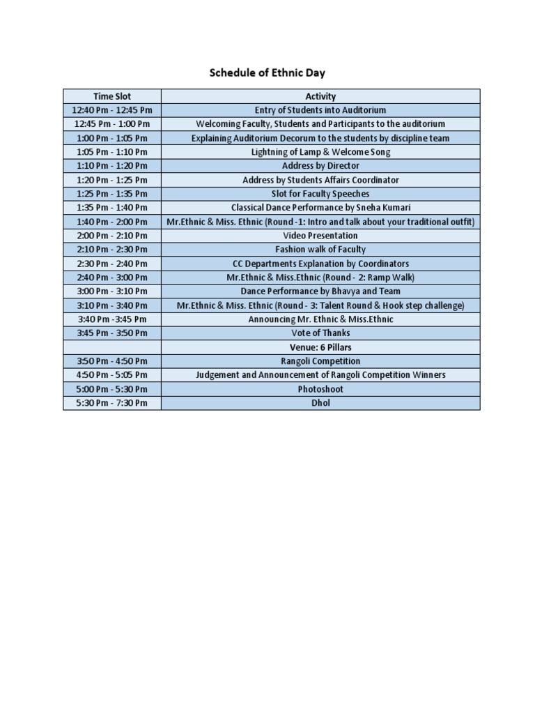 Ethnic Day Celebration Schedule | PDF | Art