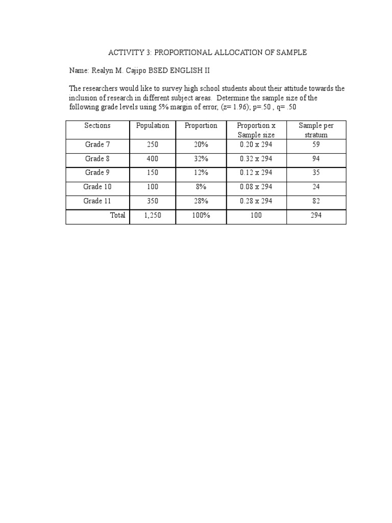 ACTIVITY 3 - Proportional Allocation of Sample PDF | PDF