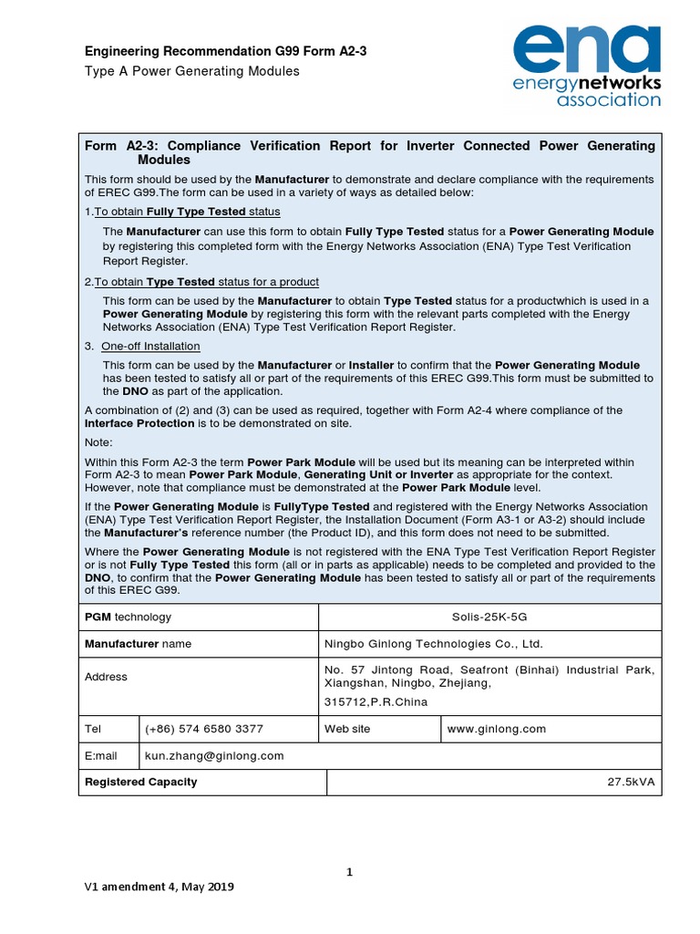 Solis Ginlong 5G 25kW Three Phase G99 Certificate | PDF