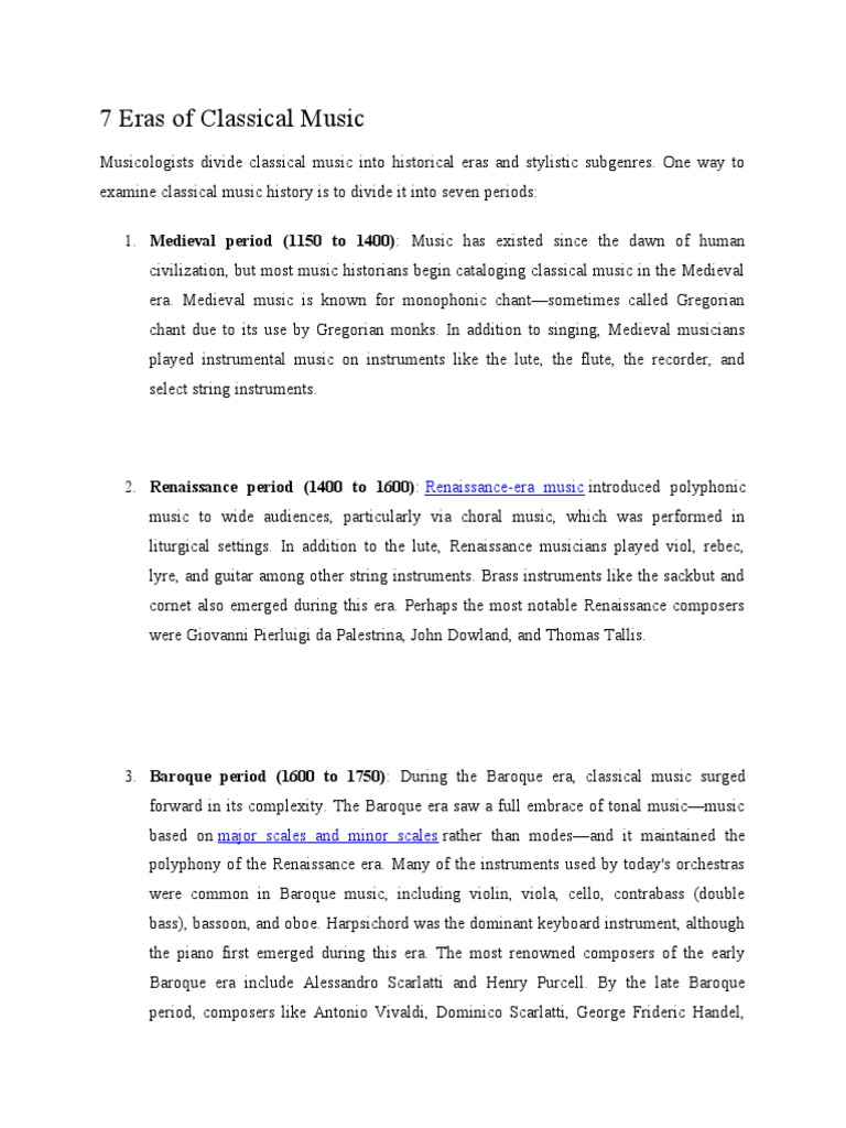 Timeline of 7 Classical Music Eras | PDF | Romantic Music | Classical Music