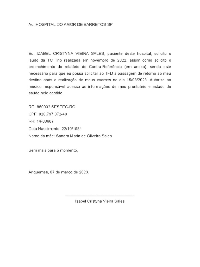 Paciente solicita laudo e relatório médico para TFD | PDF