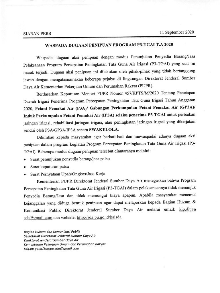 E6f3f 971f9 ND Siaran Pers Waspada Dugaan Penipuan Program P3tgai | PDF
