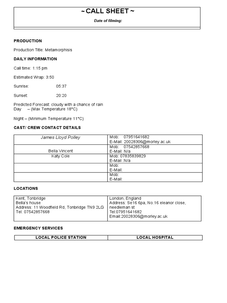 Call Sheet Template | PDF
