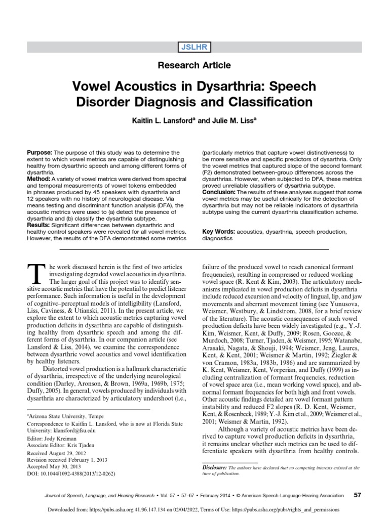 Vowel Acoustics in Dysarthria Speech Disorder Diagnosis and ...