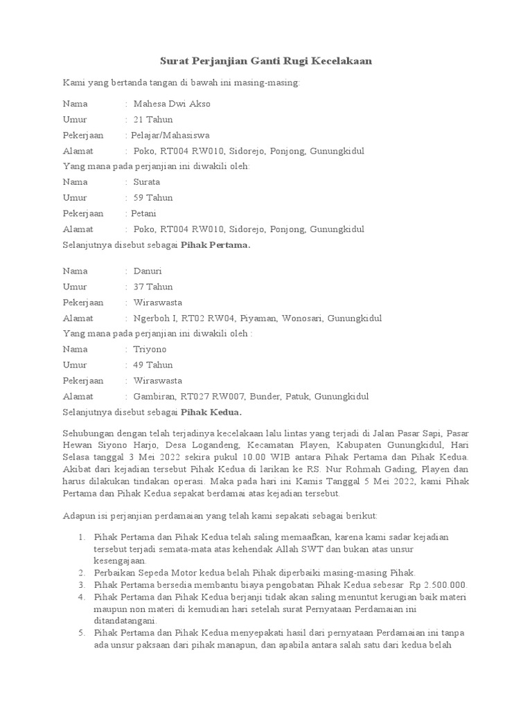 Surat Perjanjian Ganti Rugi Kecelakaan Pdf