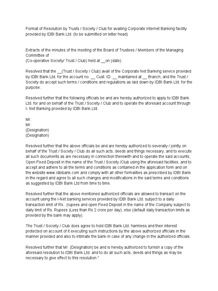 Corporate Internet Banking Resolution Format | PDF | Business | Finance & Money Management