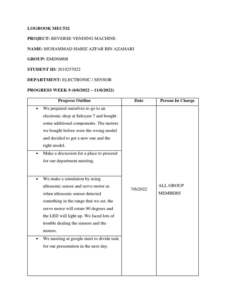 Logbook Week 9_Muhammad Hariz Azfar_2019257022 | PDF