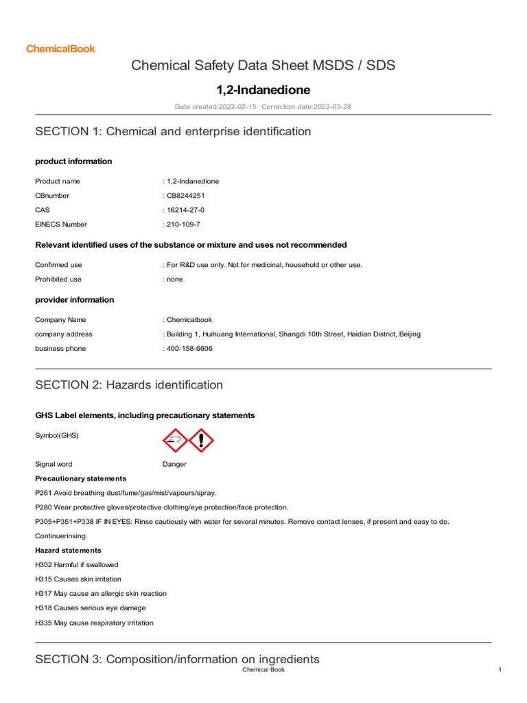 MSDS for 1,2-Indanedione | PDF | Dangerous Goods | Toxicity