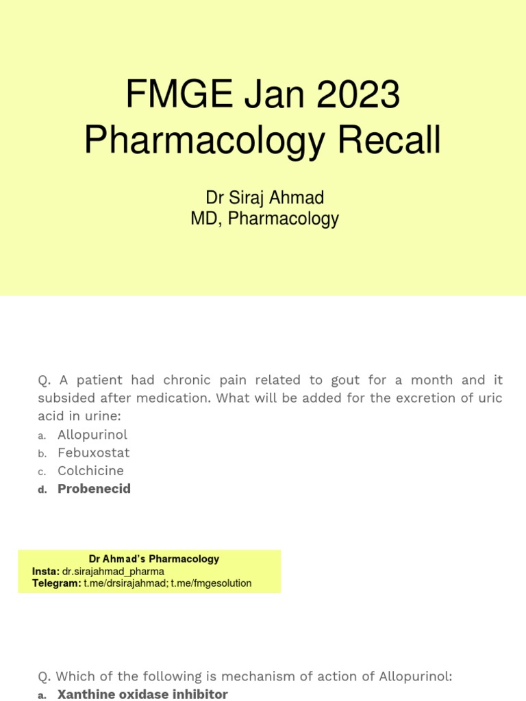 FMGE Jan 2023 Recall Pharma - DR Siraj Ahmad | PDF