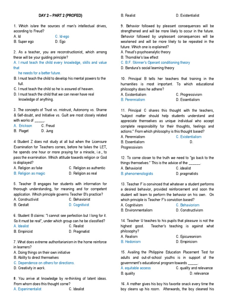 Day 2 - ProfEd (150) Answer Key | PDF | Id | Teachers