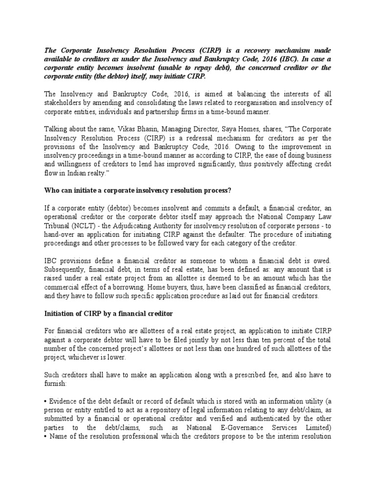 CIRP Process | PDF | Bankruptcy | Insolvency