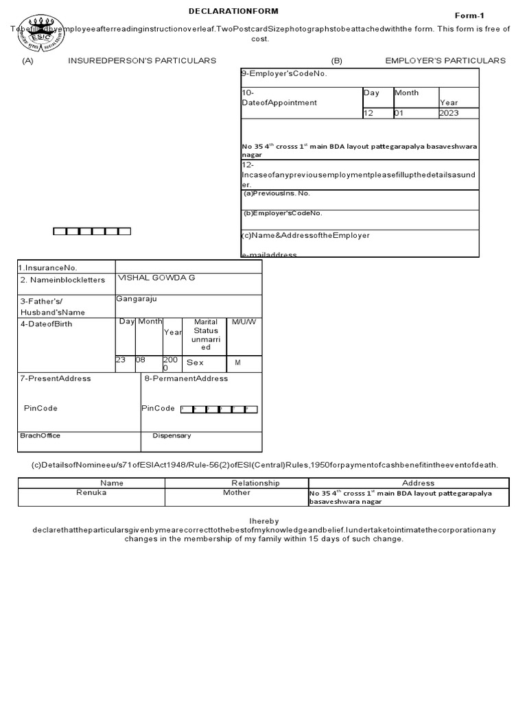 Form-1-ESI-Declaration-Form-20230111082958-cs70 | PDF | Social ...