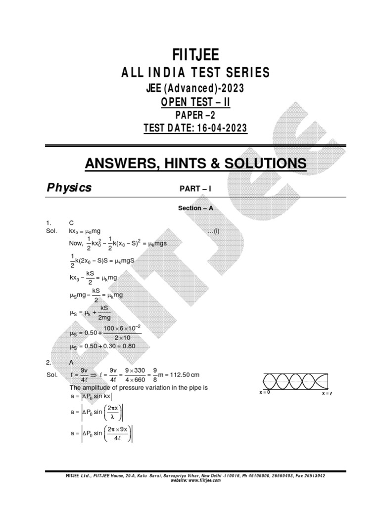 FIITJEE ALL INDIA TEST SERIES JEE (Advanced)-2023 OPEN TEST – II PAPER ...