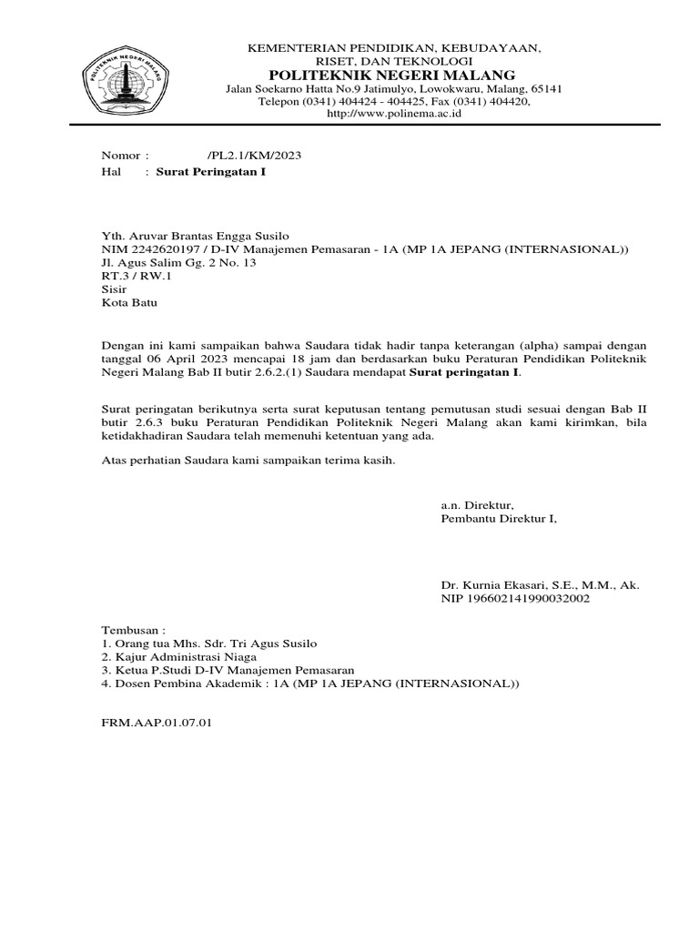 Surat Peringatan I Mahasiswa Polinema | PDF | Ilmu Sosial