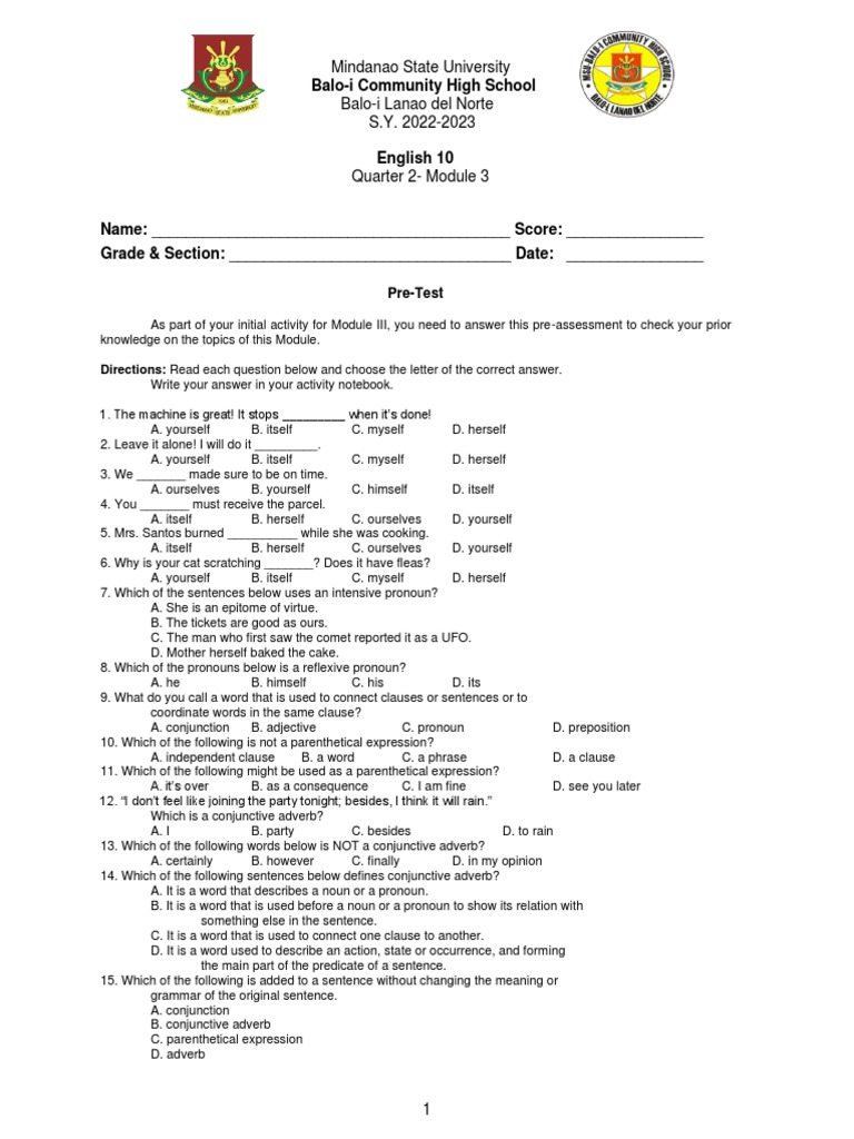 Module 3 English 10 PDF | PDF | Pronoun | Adverb