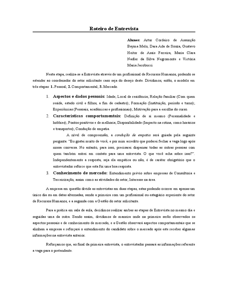 Roteiro de Entrevista | PDF | Gestão de recursos humanos | Entrevista