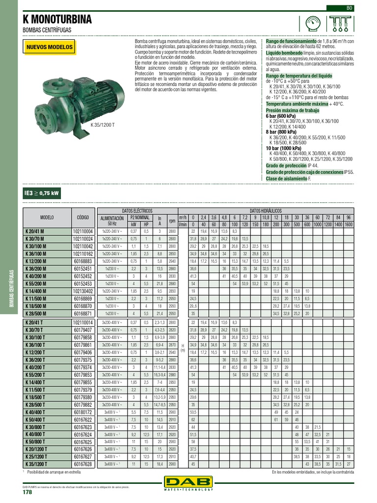 DAB - K (Monoturbina) - Catálogo | PDF | Bomba | Ciencias fisicas