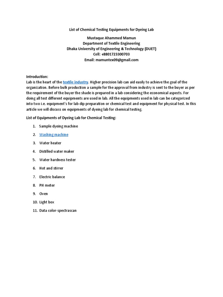 Chemical Testing Equipment in Dyeing Lab | PDF