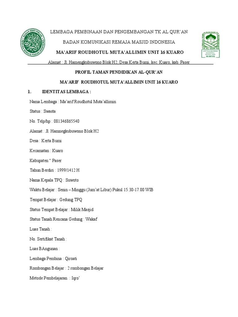 Data Profil TPQ | PDF