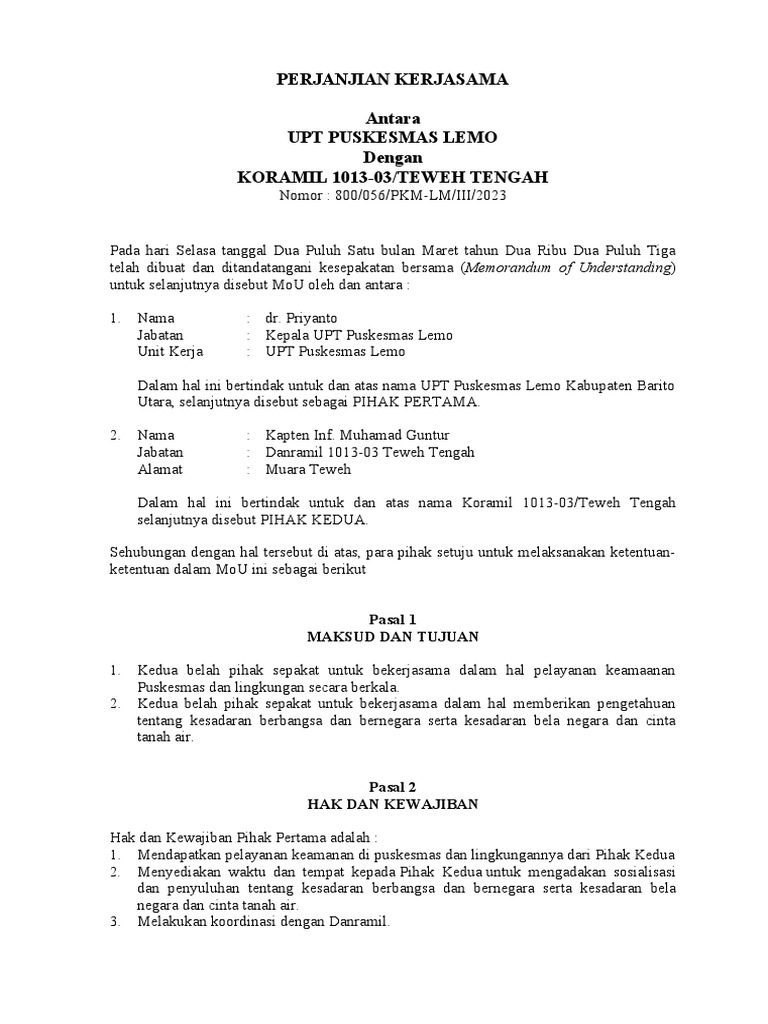 Mou Puskesmas Dengan Koramil | PDF