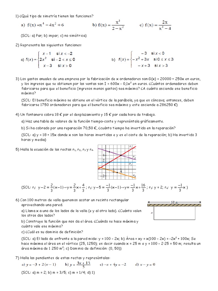 EJERCICIOS FUNCIONES 3º ESO (Gráf, Simetr, Rectas, Parábolas, A Trozos) | PDF | Pendiente ...