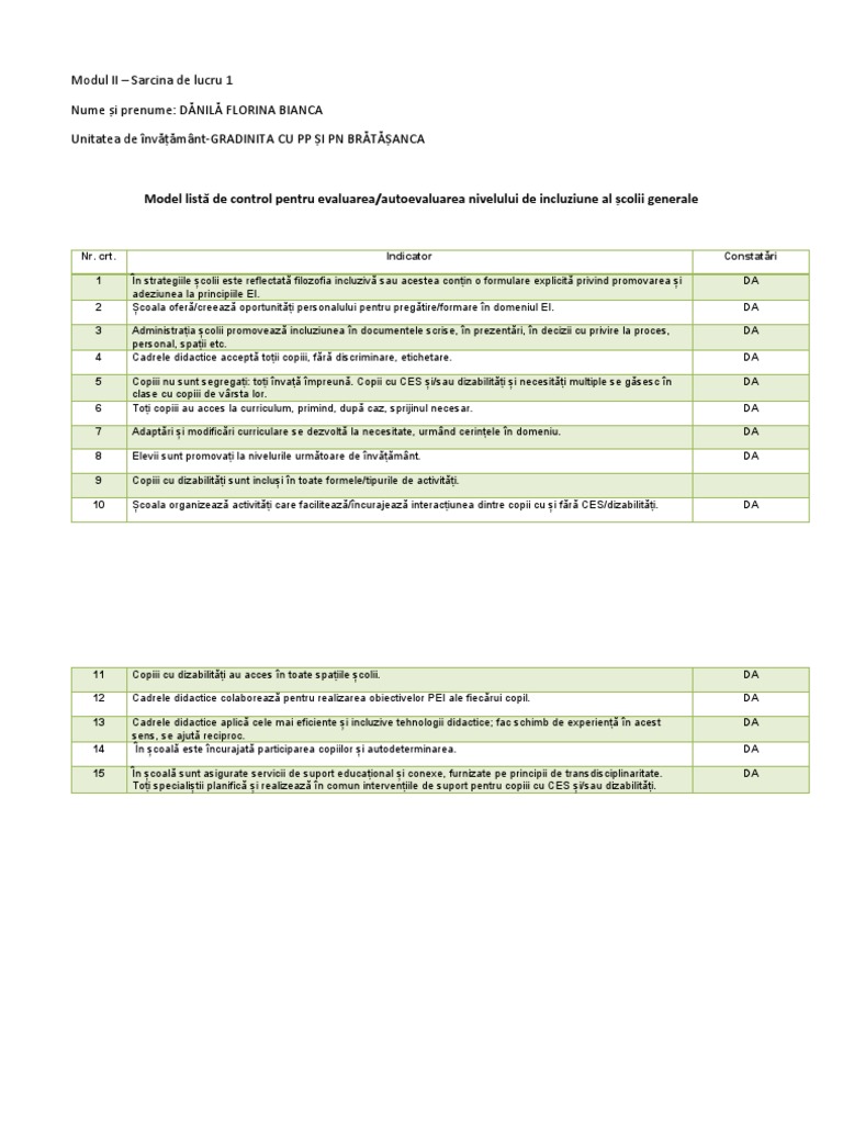 Evaluarea Autoevaluarea Gradului de Incluziune A Școlii | PDF