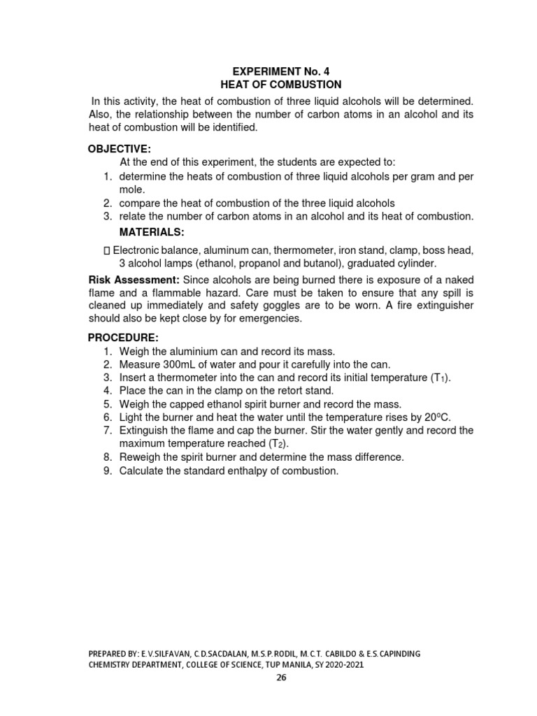 Experiment No. 4 - Heat of Combustion - Lab Data Sheet | Download Free ...