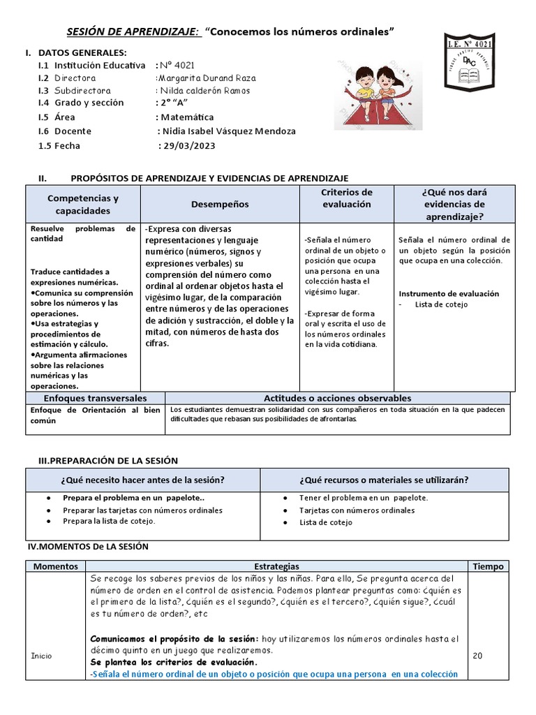 Sesión 15 Numeros Ordinales | PDF | Evaluación | Aprendizaje