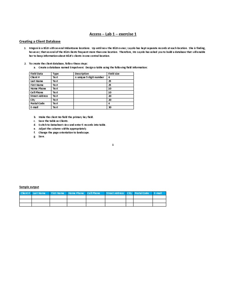 Creating A Database Exercise Pdf Pdf Databases Information