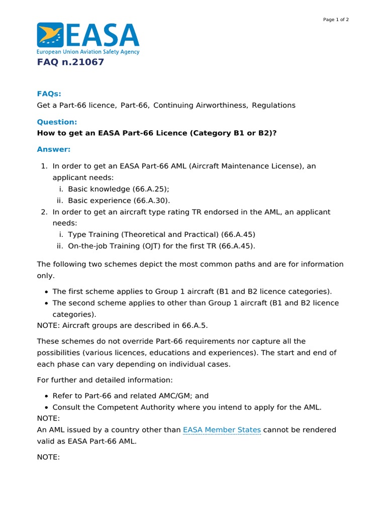 EASA - How to get an EASA Part66 Licence Category B1 or B2 | PDF