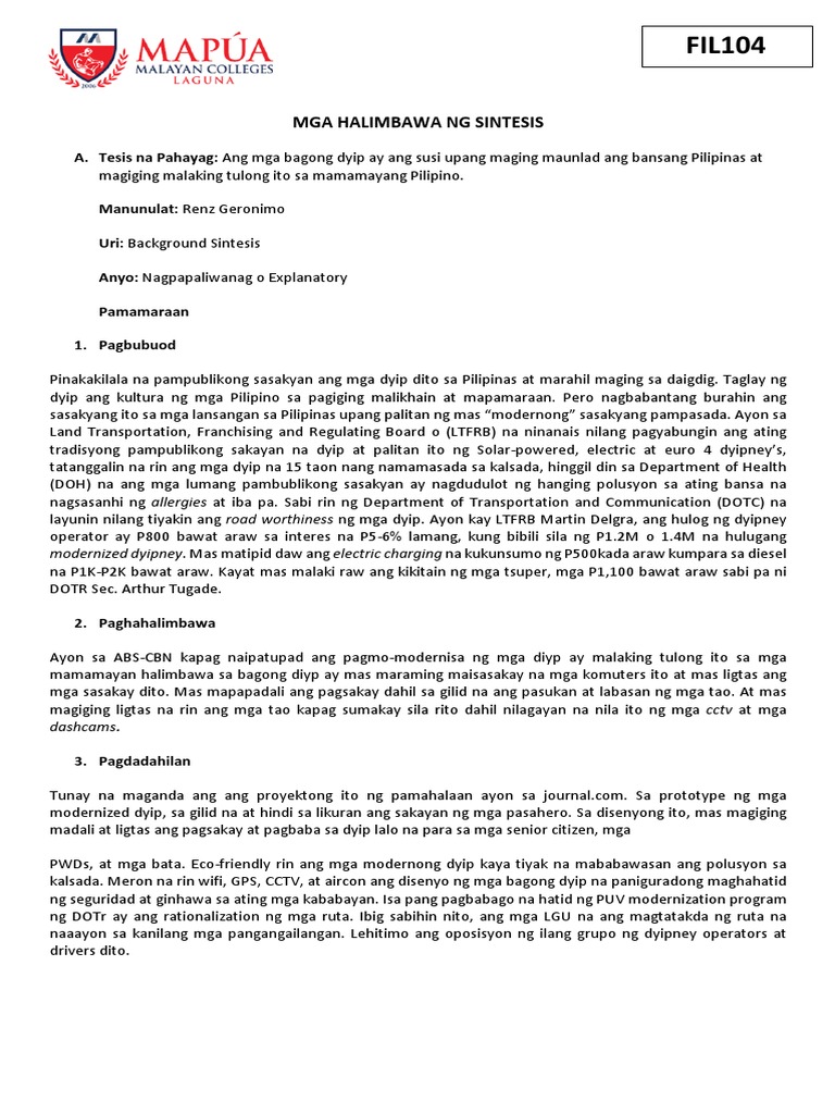 Mga Halimbawa NG Sintesis PDF | PDF