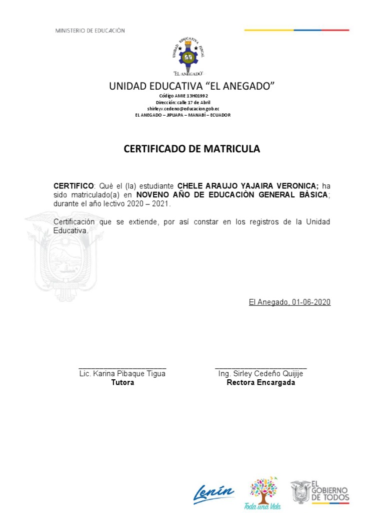 Certificado de Matricula 2020 | PDF Certificado de Matricula 2020 | PDF
