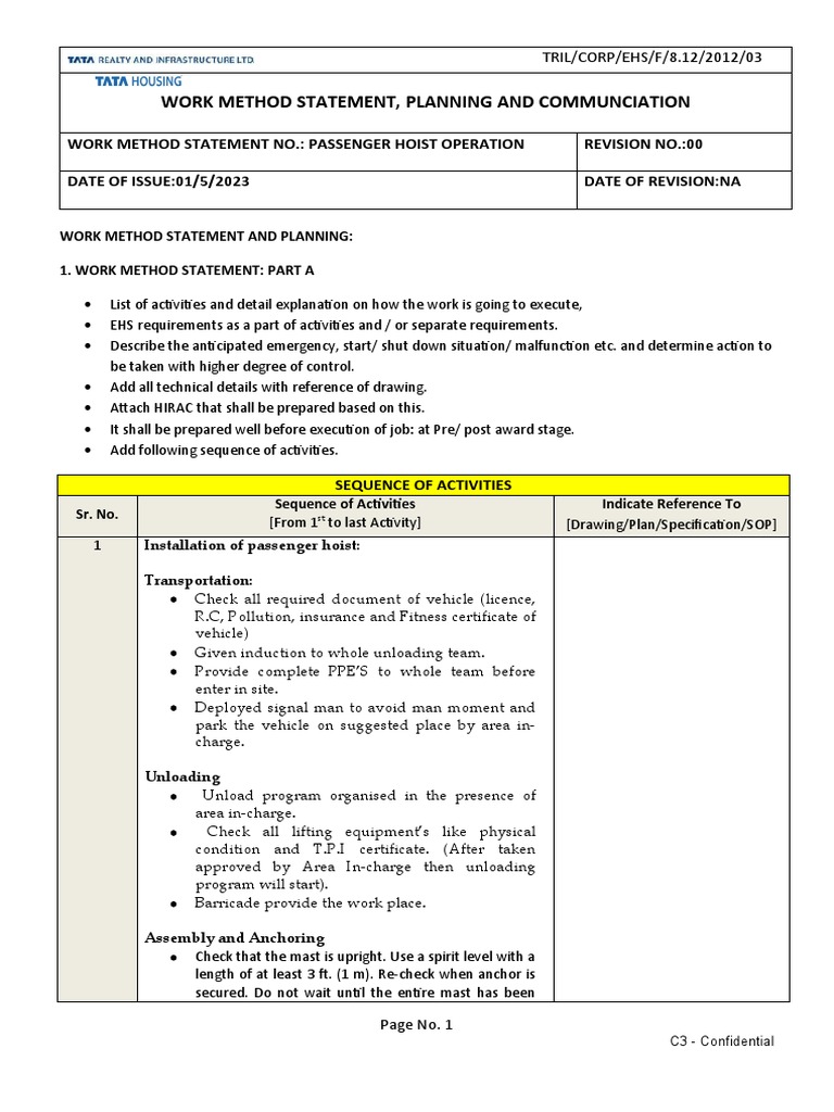 Optimize Passenger Hoist Operation Work Method Statement | PDF ...