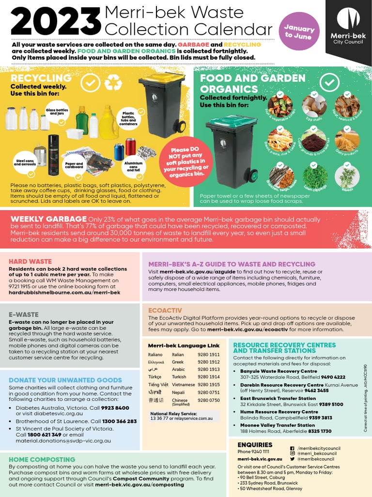 Merri-Bek 2023 Waste Collection Calendar | PDF | Recycling | Waste