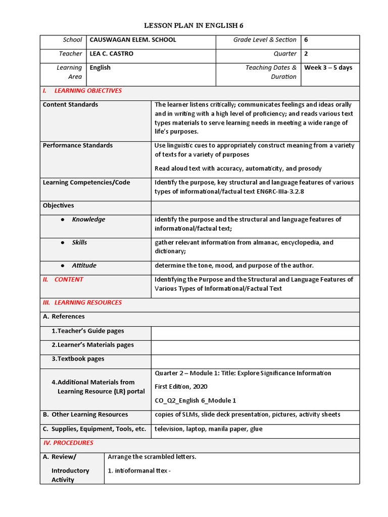 English6 - Q2 - DLP - Week 3 - Identifying The Purpose and The Structural and Language Features ...