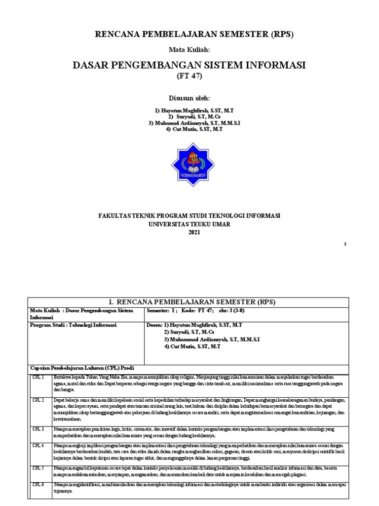 Rencana Pembelajaran Semester RPS Dasar Pengembangan Sistem Informasi | PDF