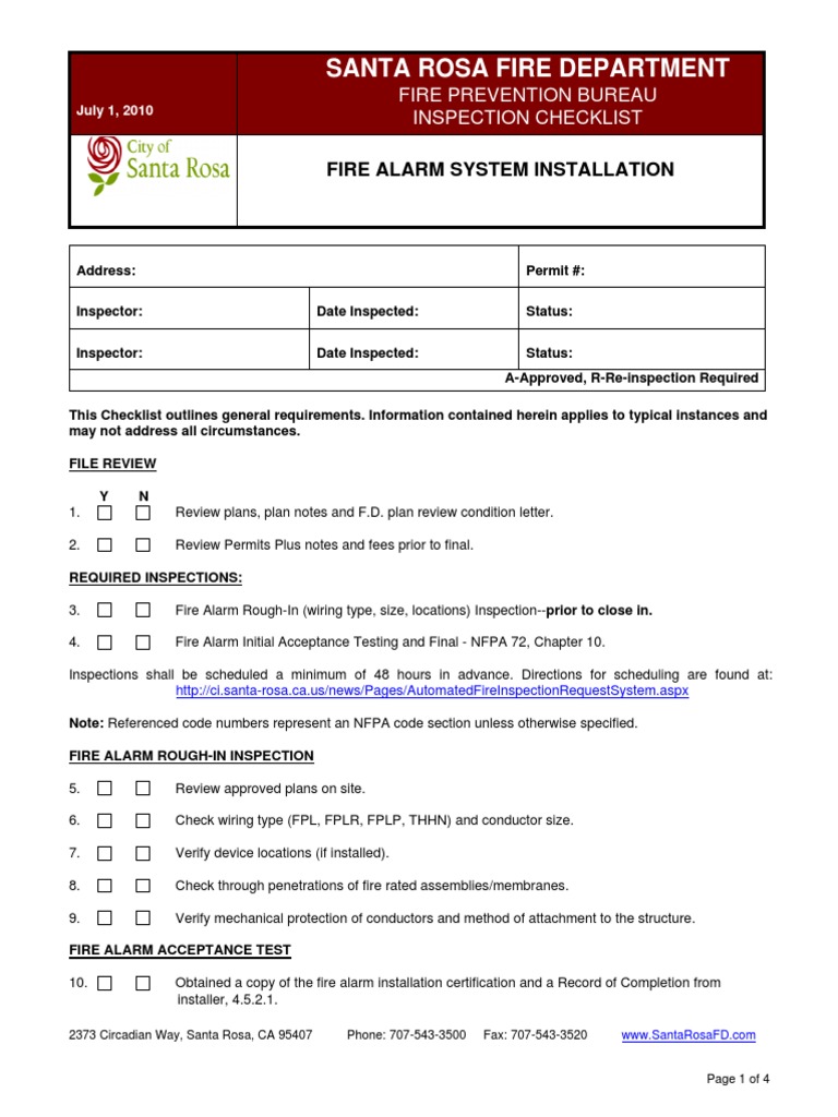 Fire Alarm Inspection Checklist Santa Rosa | PDF | Telephone | Building ...