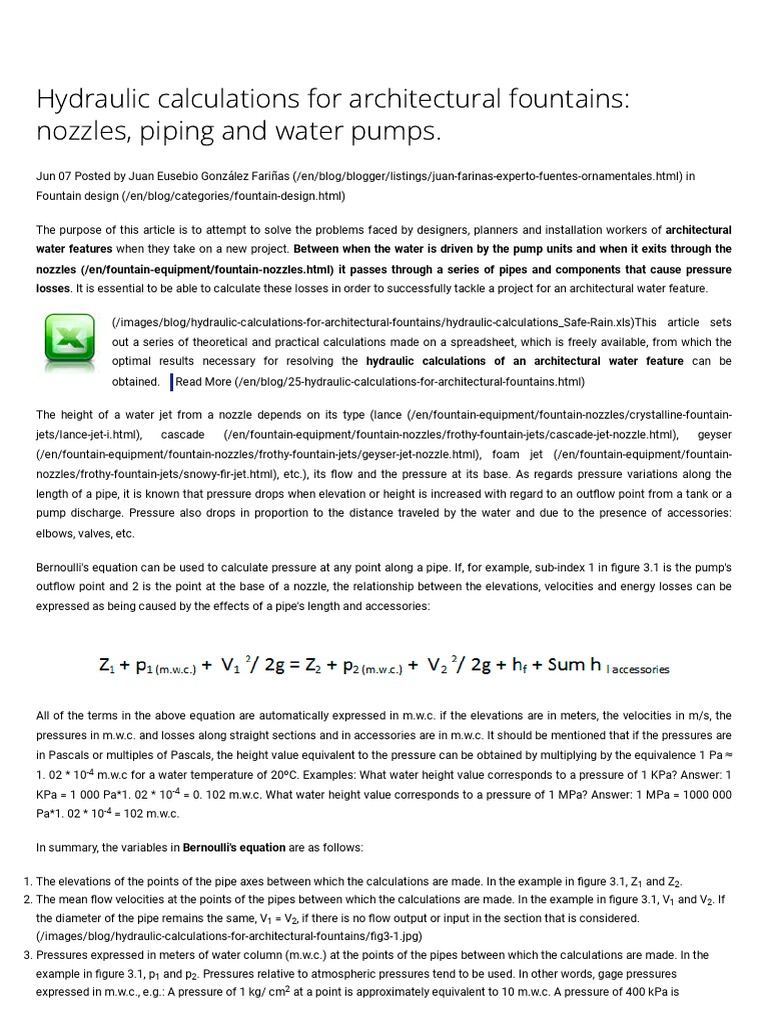 Hydraulic Calculations for Fountains | PDF | Spreadsheet | Microsoft Excel