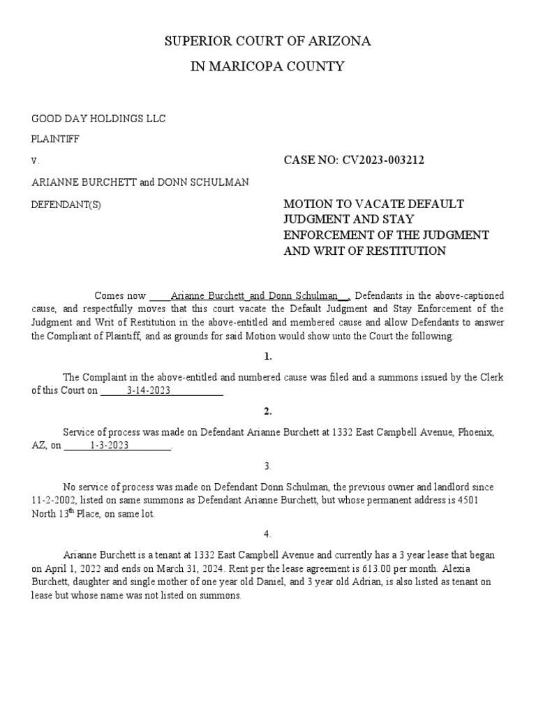 Paralegal Motion To Vacate and Stay | Download Free PDF | Eviction | Lease