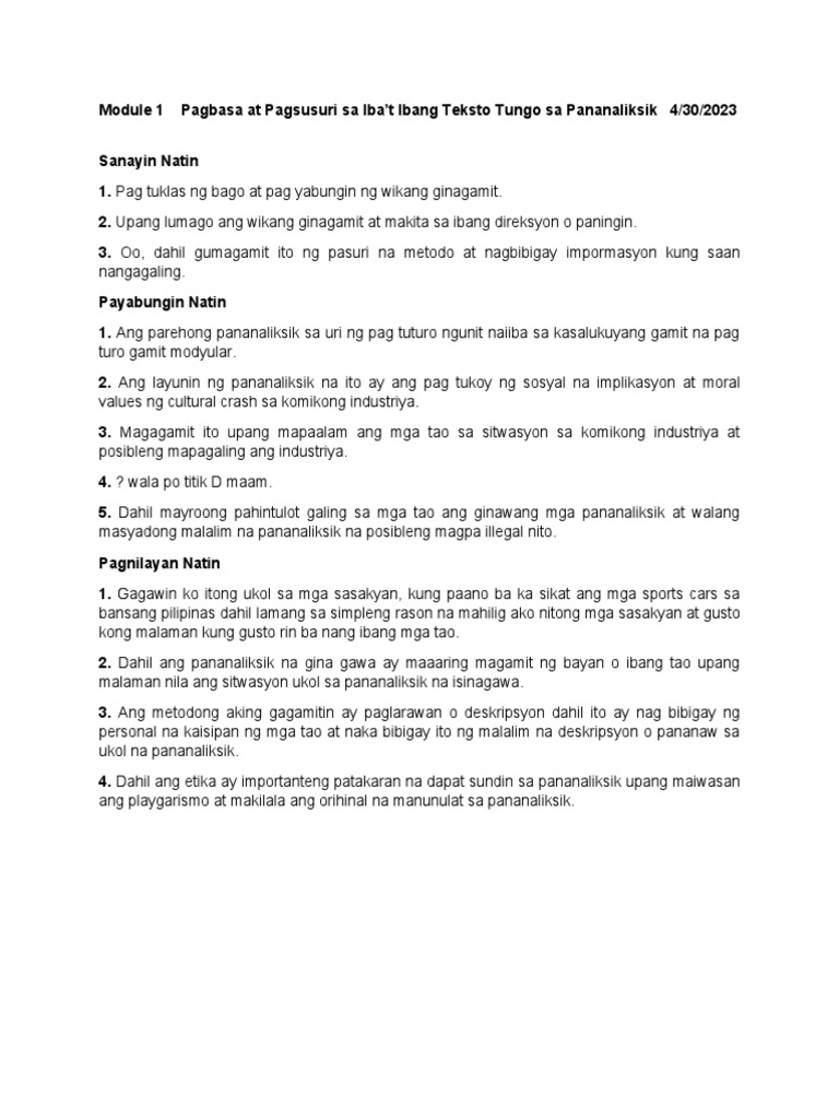 Module 1 Pagbasa at Pagsusuri Sa Iba | PDF