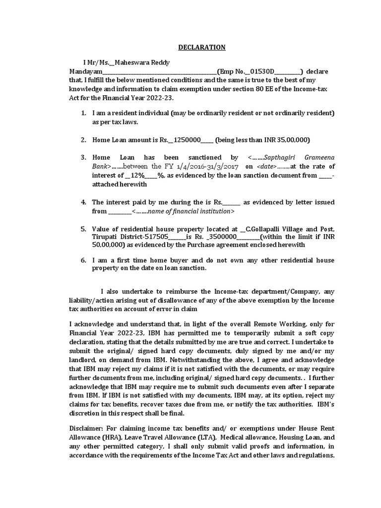 Declaration_Home Loan(Section 80EE)-1 | PDF
