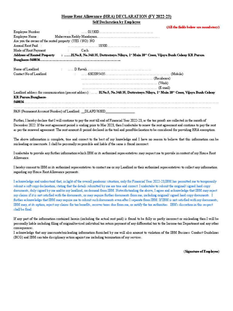 HRA DeclarationForm | PDF | Taxes | Justice