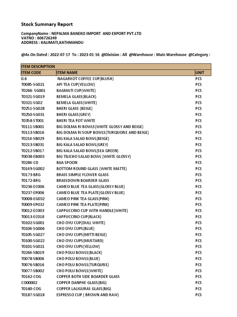 Stock Summary Report | PDF