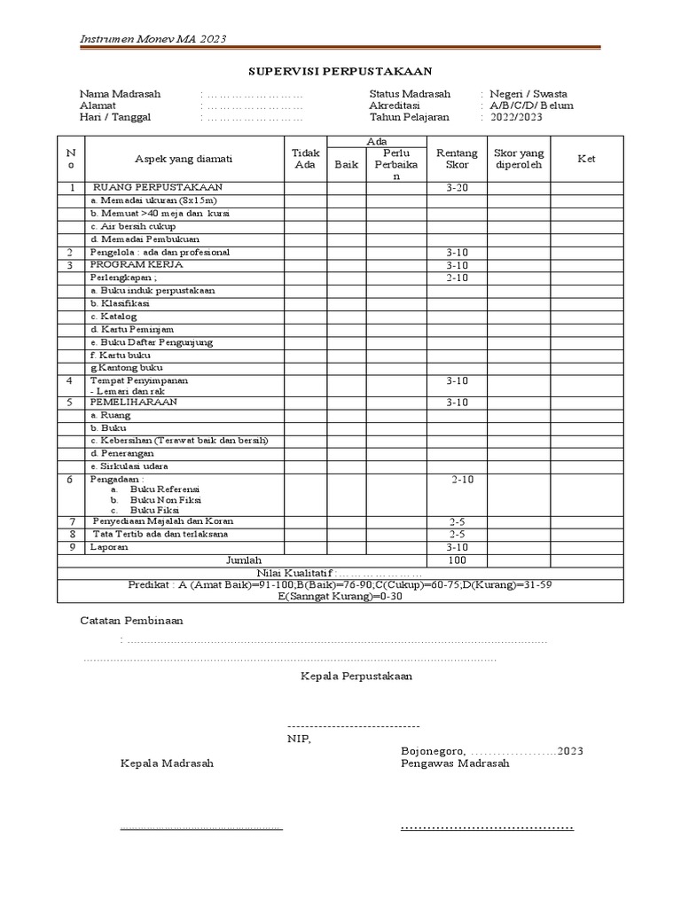 Evaluasi Perpustakaan MA 2023 | PDF
