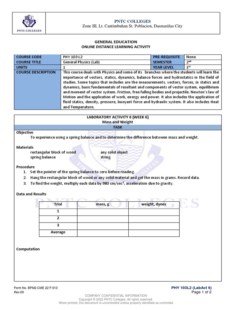 PHY 103 Lab Act 6 W6 | PDF | Weight | Force