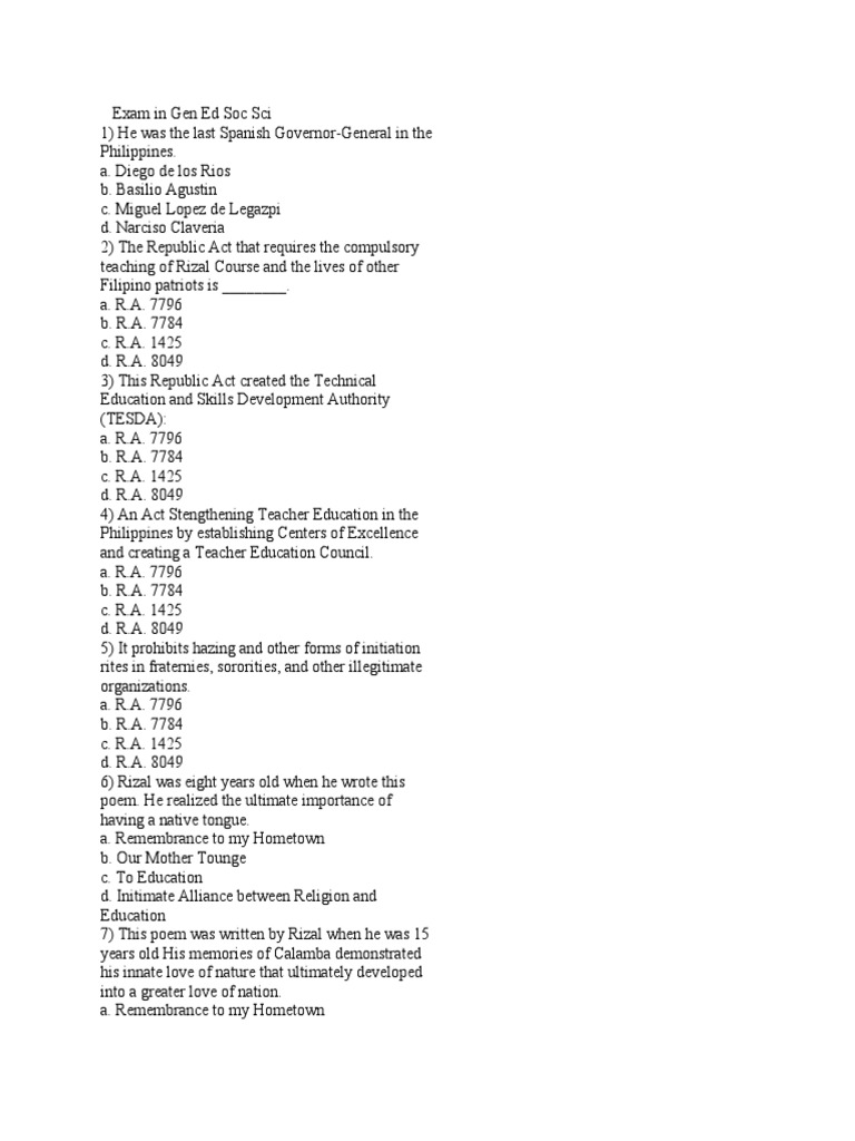 Exam in Gen Ed Soc Sci #2 | PDF | Homo | Philippines