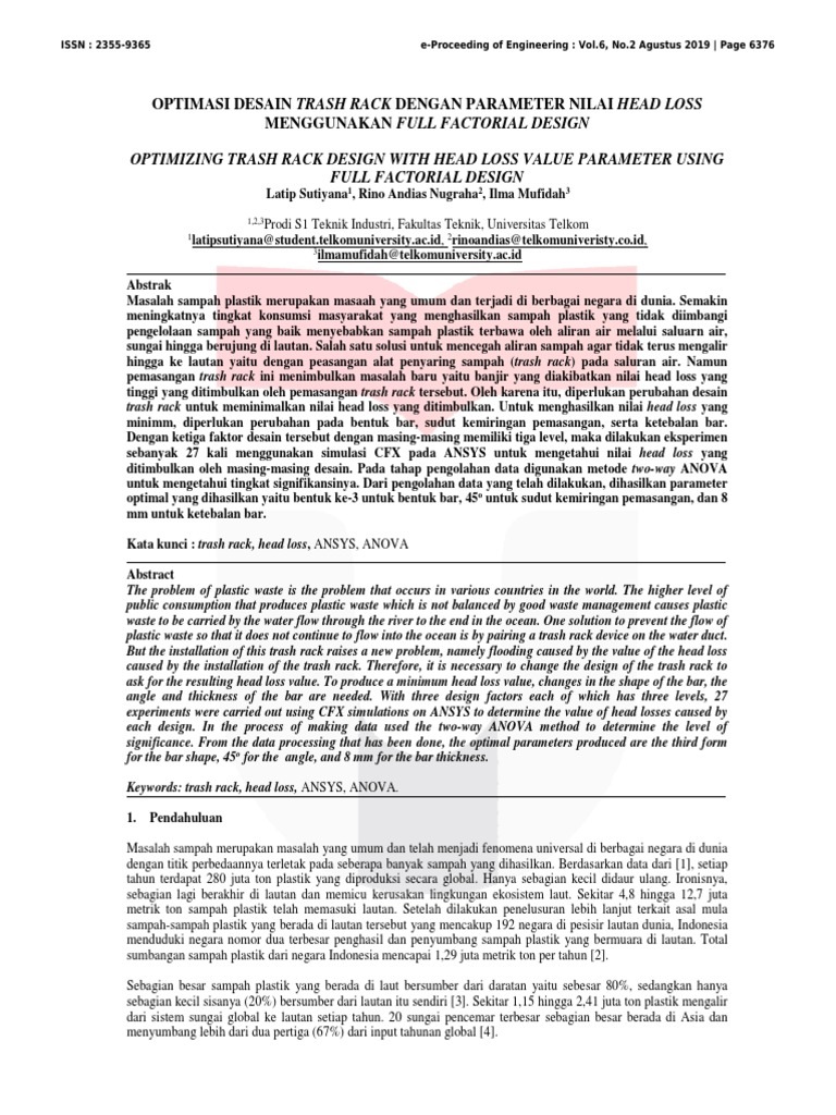 Optimasi Desain Trash Rack Dengan Parameter Nilai Head Loss Menggunakan ...